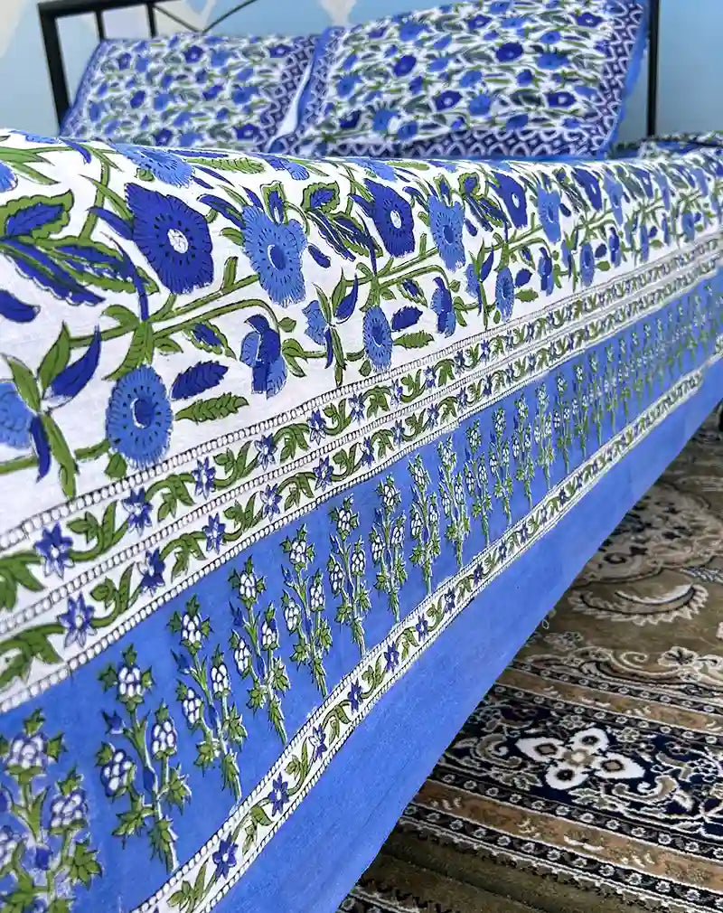 Blue Flower Hand Block Printed Cotton Bedsheet